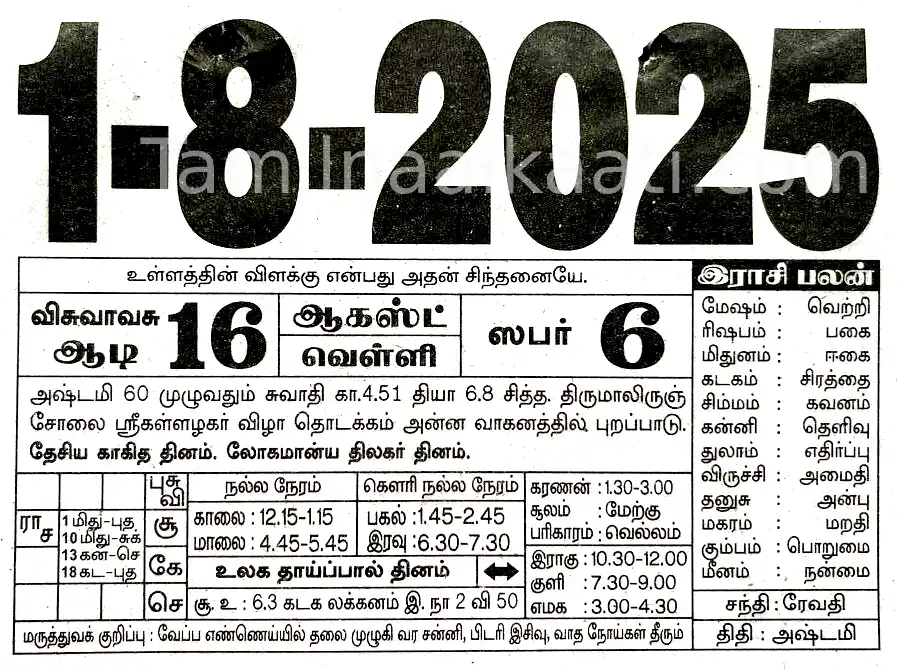 Tamil Calendar August 2025